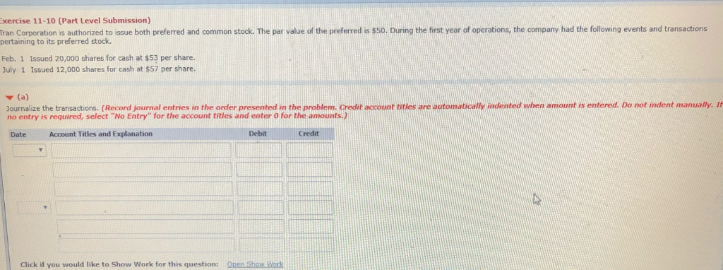 Solved xercise 11-10 (Part Level Submission) Tran | Chegg.com