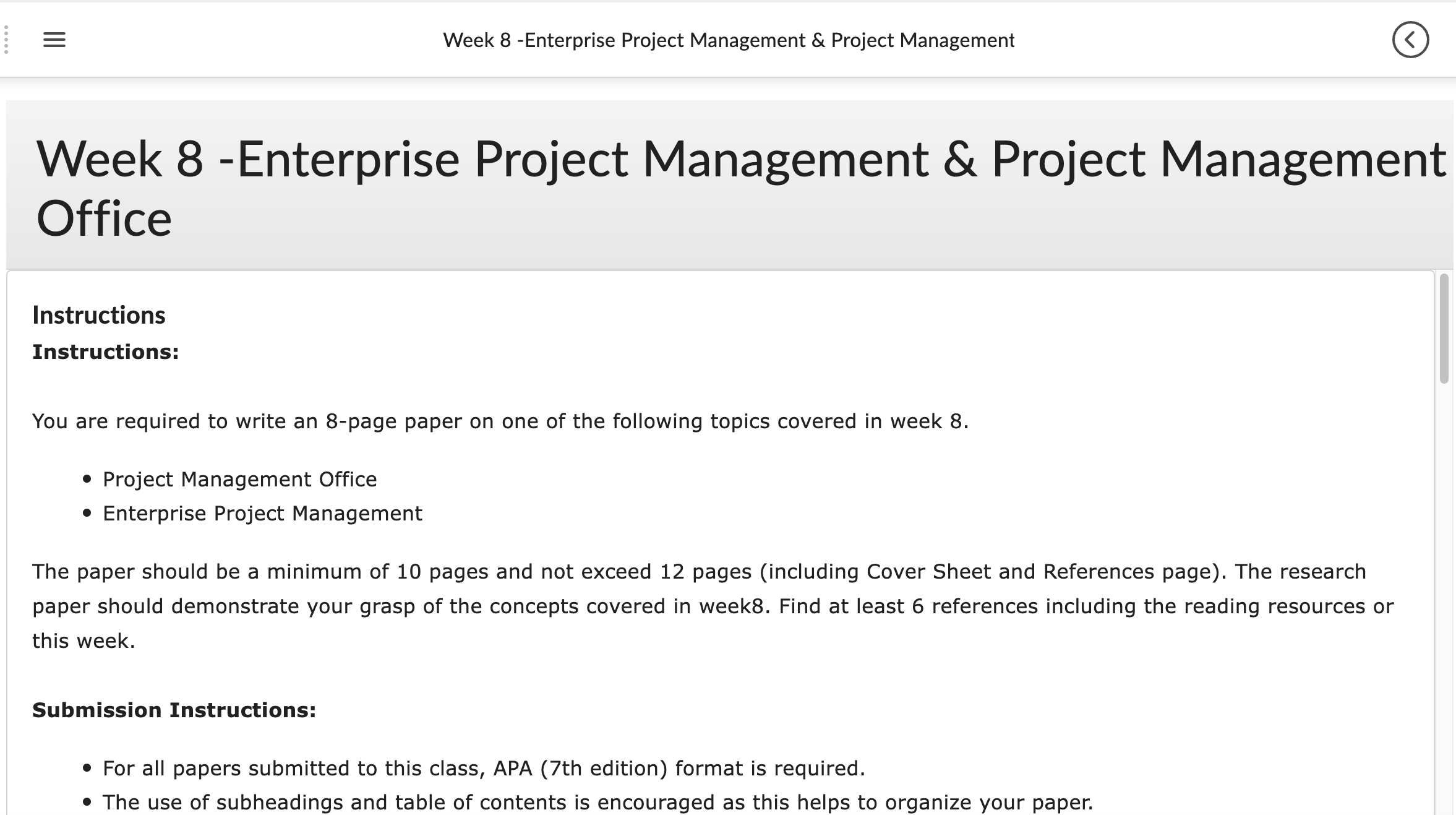 Solved ≡ Week 8 -Enterprise Project Management \& Project | Chegg.com