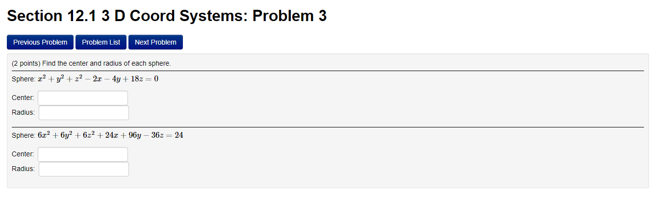 Solved Section 12.1 3 D Coord Systems: Problem 3 Previous | Chegg.com