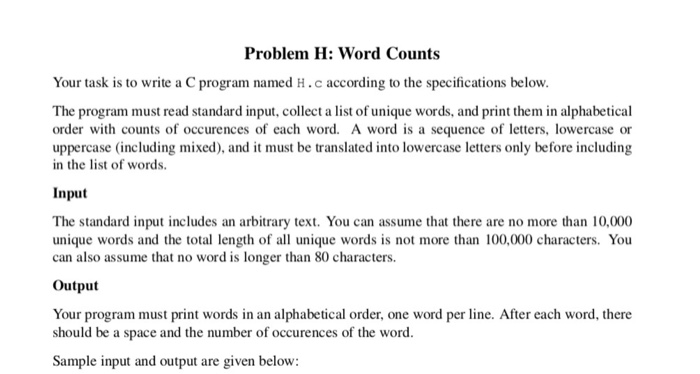 Solved Problem H: Word Counts Your task is to write a C | Chegg.com