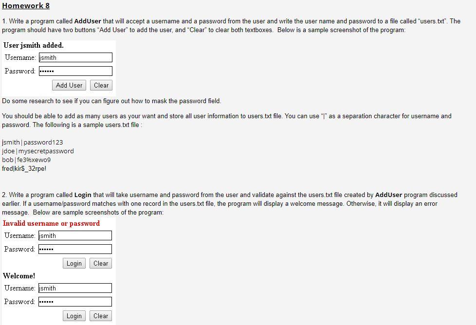 Solved Homework 8 1. Write a program called AddUser that | Chegg.com