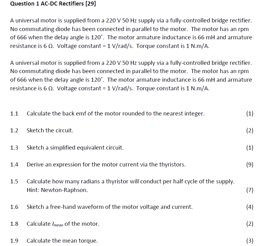 Question 1 ﻿AC-DC Rectifiers [29] ﻿A universal motor | Chegg.com
