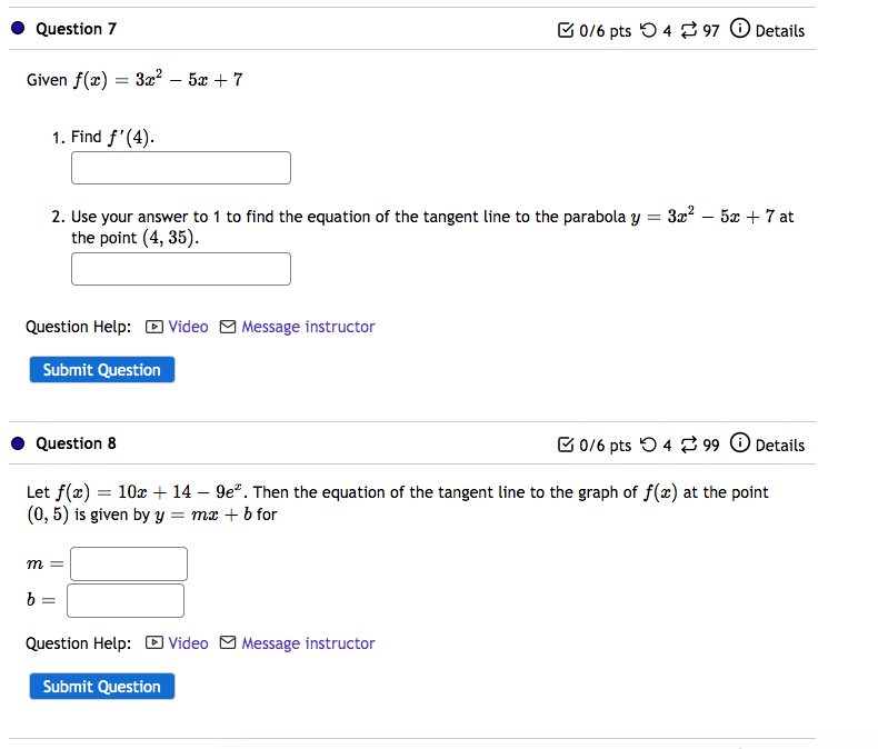 Solved Given f(x)=3x2−5x+7 1. Find f′(4). 2. Use your answer | Chegg.com