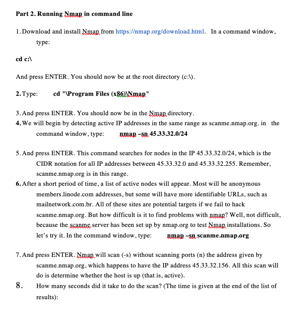 Part 2. Running Nmap in command line 1. Download and | Chegg.com