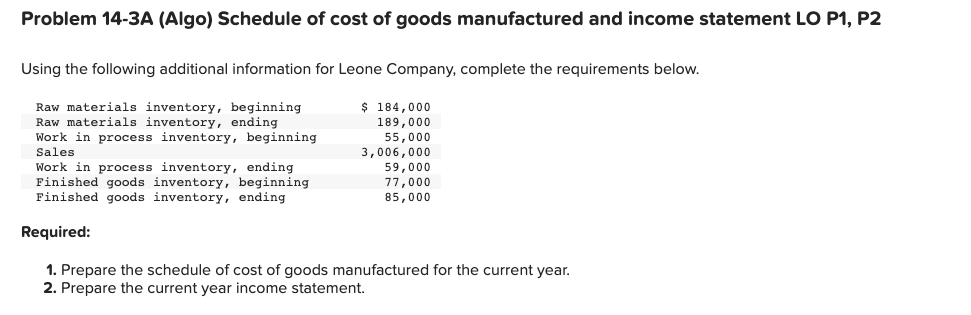 Solved Problem 14-3A (Algo) Schedule of cost of goods | Chegg.com