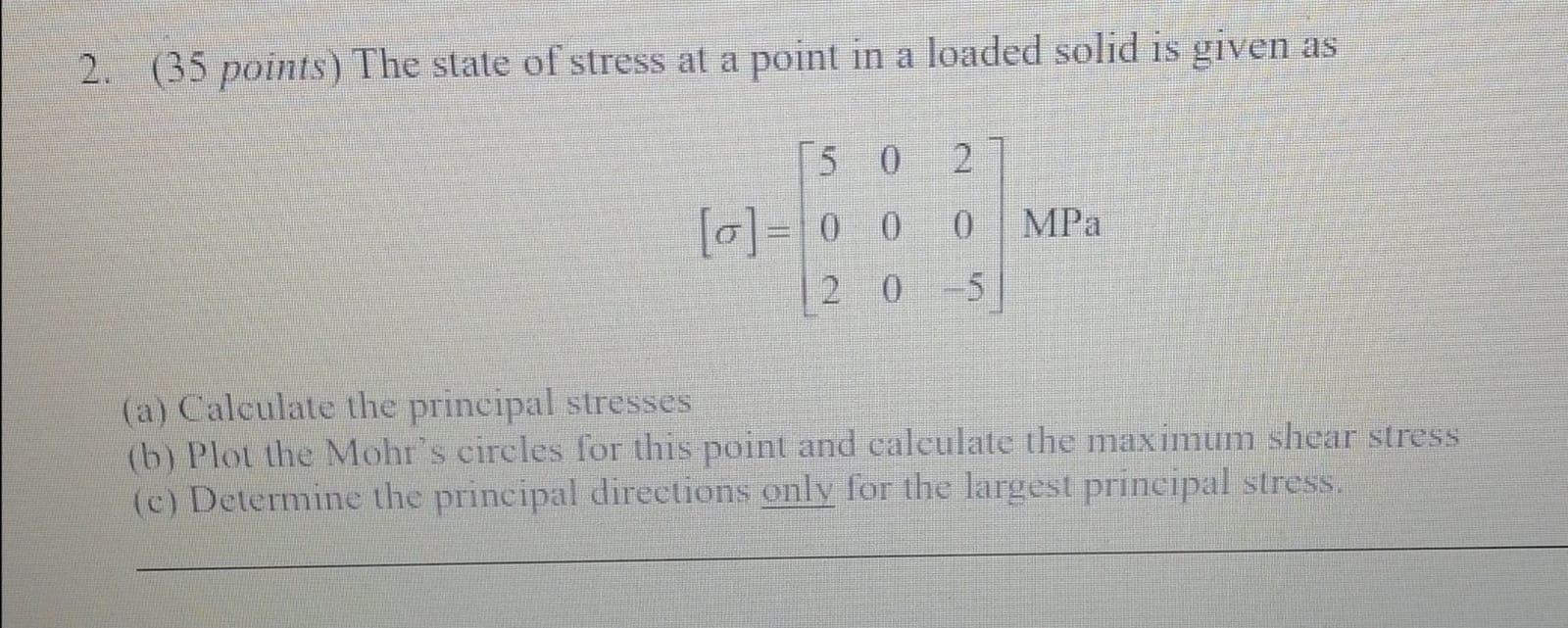 Solved 2. (35 points) The state of stress at a point in a | Chegg.com