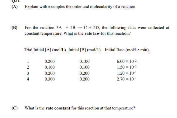 Solved (A) Explain with examples the order and molecularity | Chegg.com