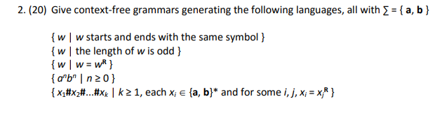 Solved 2. (20) Give context-free grammars generating the | Chegg.com
