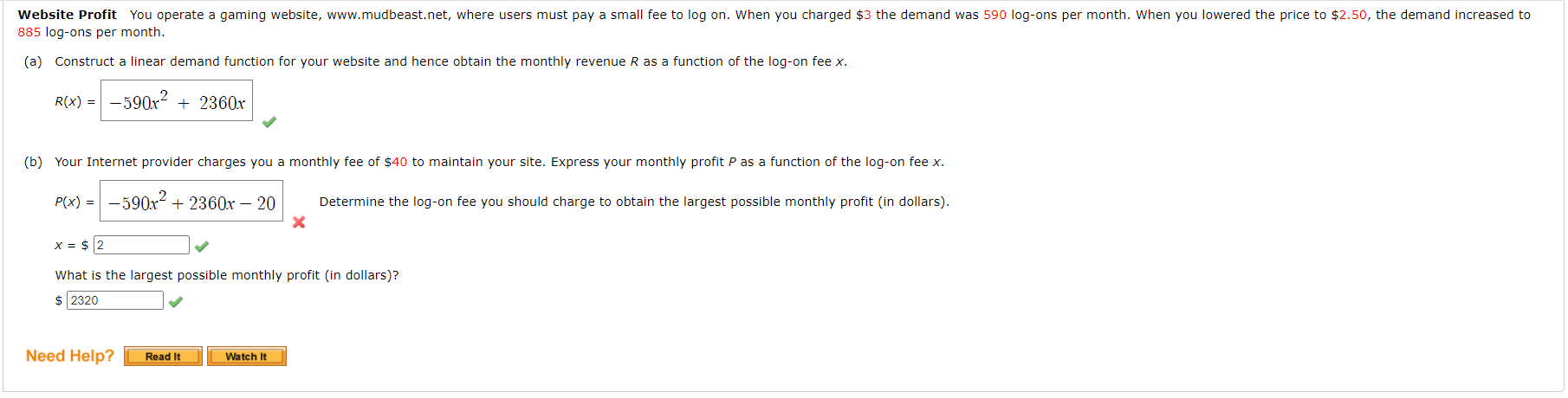 Solved 885 log-ons per month. (a) Construct a linear demand | Chegg.com