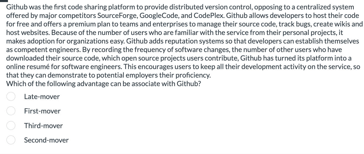 Solved Github was the first code sharing platform to provide | Chegg.com