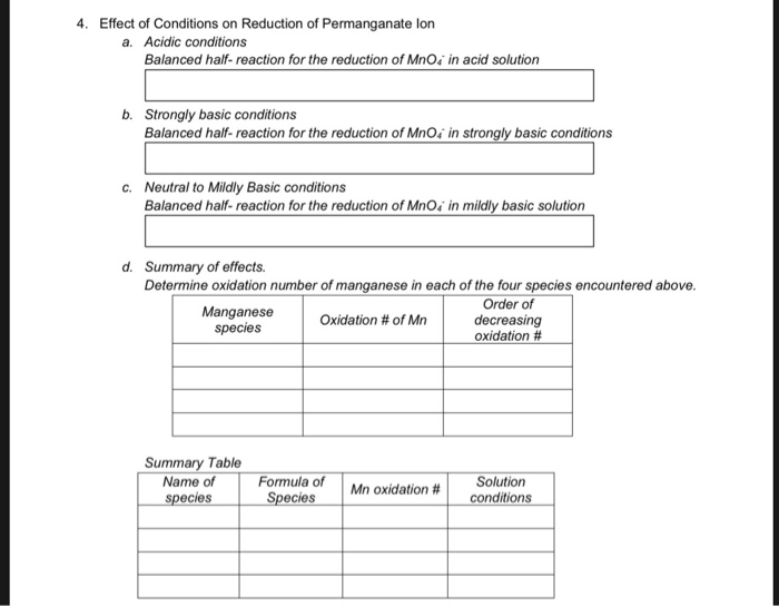 Solved 4 Effect Of Conditions On Reduction Of Permanganate