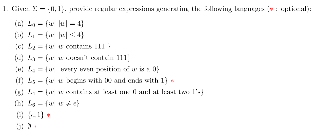 Solved 1. Given Σ={0,1}, provide regular expressions | Chegg.com
