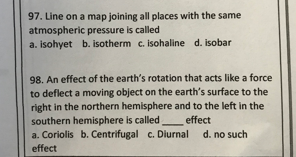 Solved 97. Line on a map joining all places with the same | Chegg.com