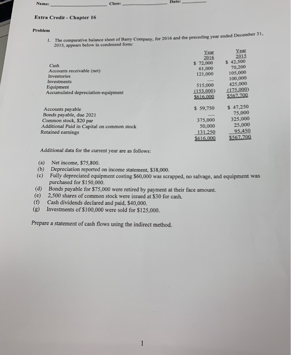 Solved Date Name Class: Extra Credit -Chapter 16 Problem 1. | Chegg.com