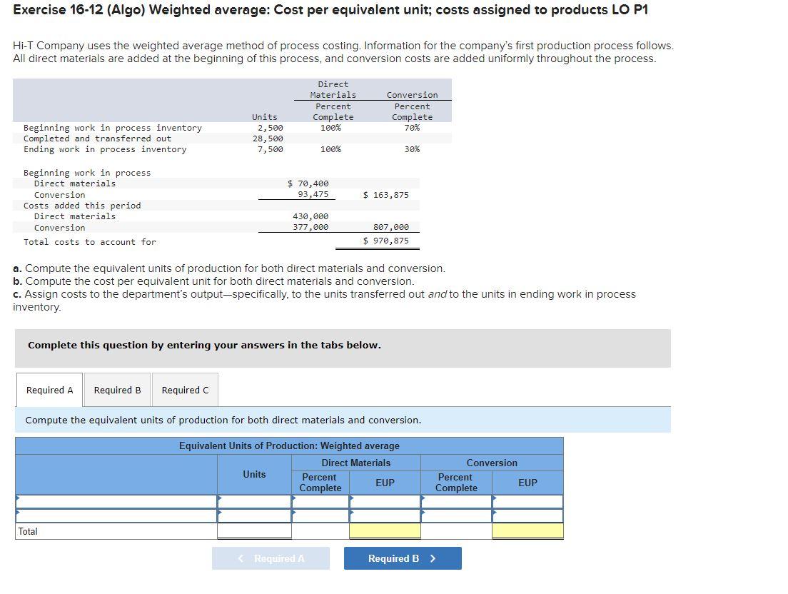 Solved Exercise 16-12 (Algo) Weighted average: Cost per | Chegg.com