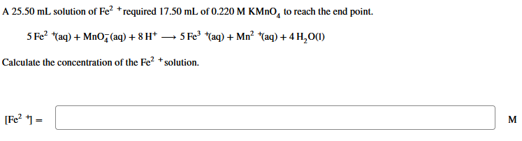 Solved A 25.50 mL solution of Fe2+ required 17.50 mL of | Chegg.com