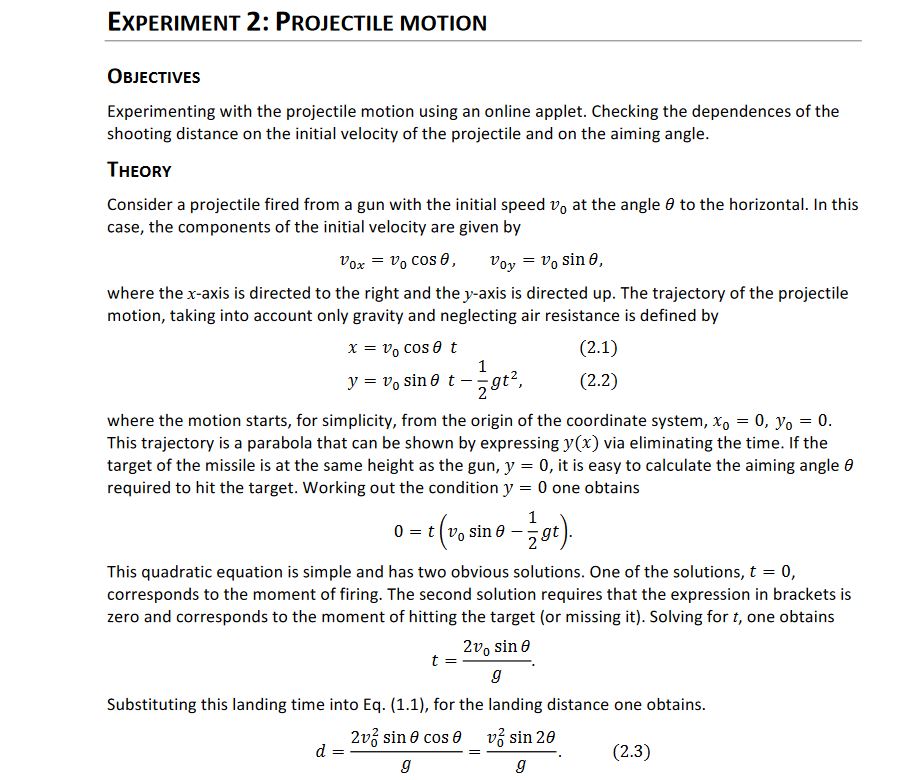 EXPERIMENT 2: PROJECTILE MOTION - OBJECTIVES | Chegg.com