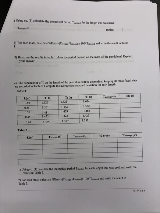 1 Using eq.(1) calculate the theoretical period Tmns | Chegg.com