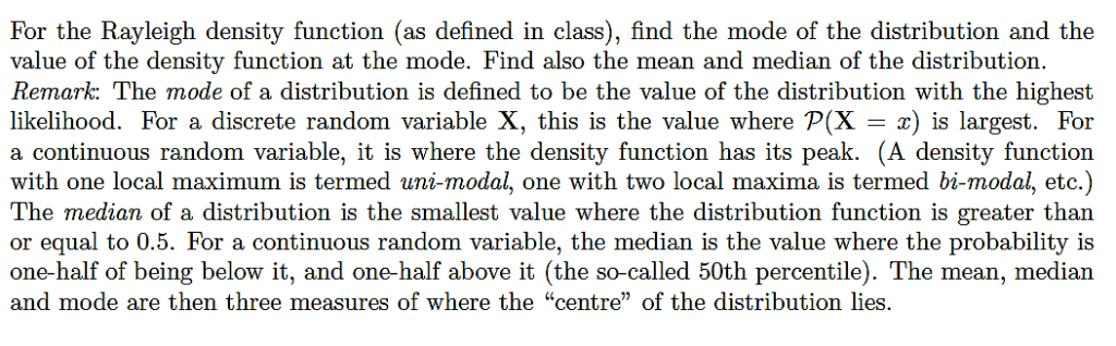 Solved For the Rayleigh density function (as defined in | Chegg.com