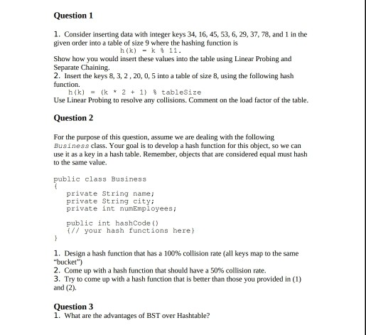 Solved Question 1 1. Consider inserting data with integer | Chegg.com