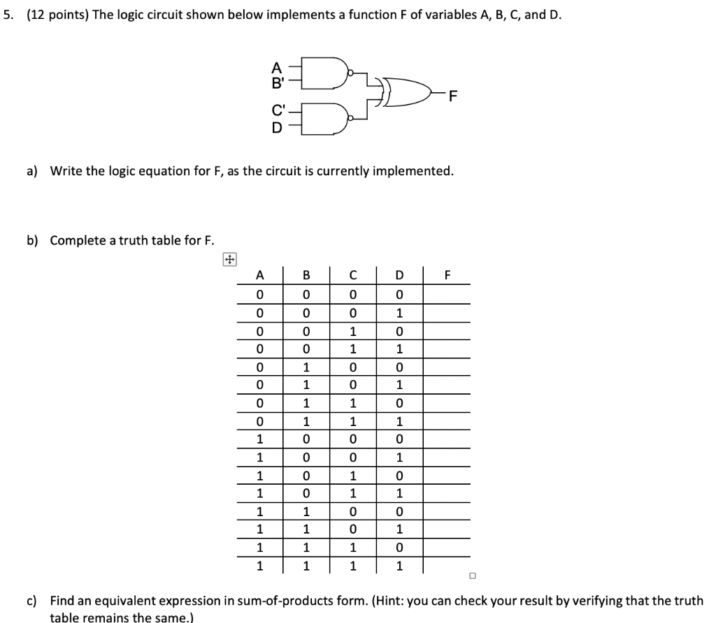 Solved 5. (12 points) The logic circuit shown below | Chegg.com