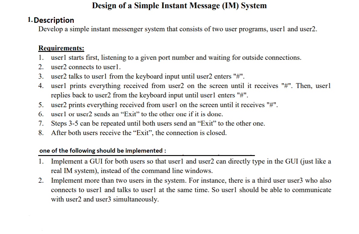 Design of a Simple Instant Message (IM) System 1. | Chegg.com