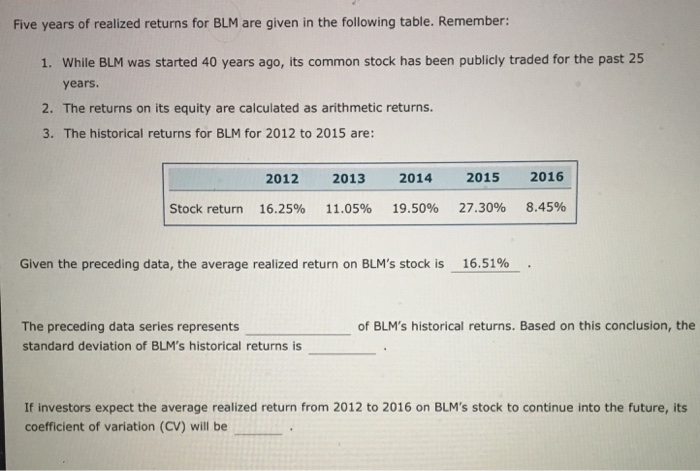 Solved Five years of realized returns for BLM are given in | Chegg.com