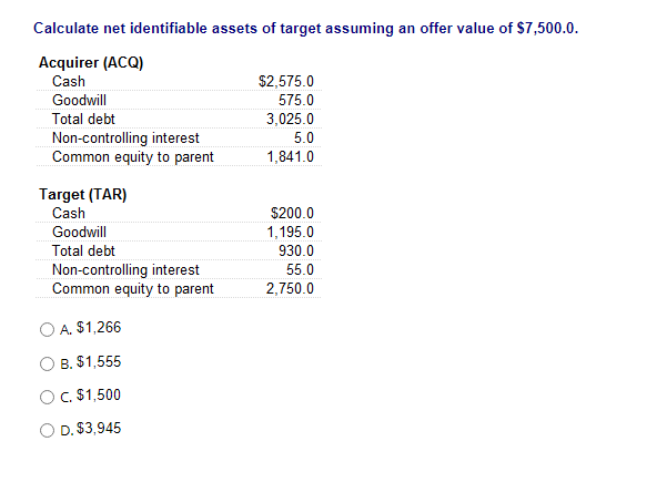 Solved Calculate net identifiable assets of target assuming | Chegg.com