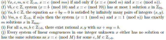 Solved (e) Va,c,m,n e Z%0,2 =c(mod mn) if and only if (x | Chegg.com