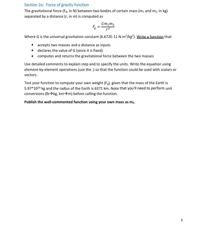 Solved Section 2a: Force of gravity function The | Chegg.com