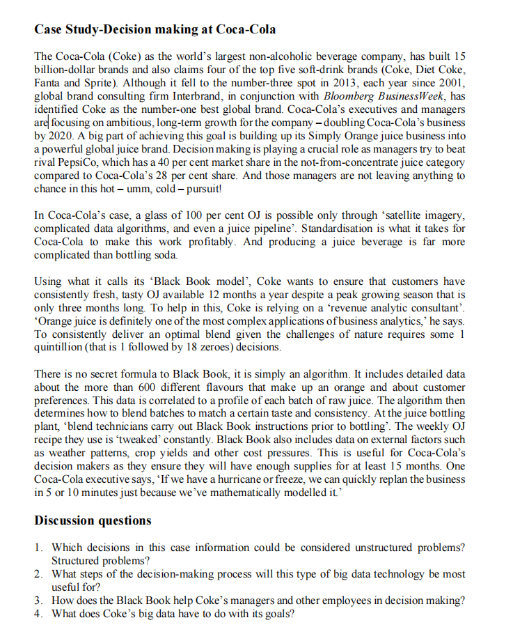 Solved Case Study-Decision making at Coca-Cola The Coca-Cola | Chegg.com