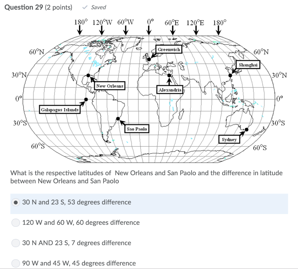 Solved Question 29 (2 points) Saved 180° 120°w 60 W 0 60°E | Chegg.com