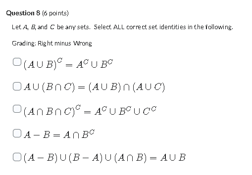 Solved Let A1B1 and C be any sets. Select A LL correct set | Chegg.com