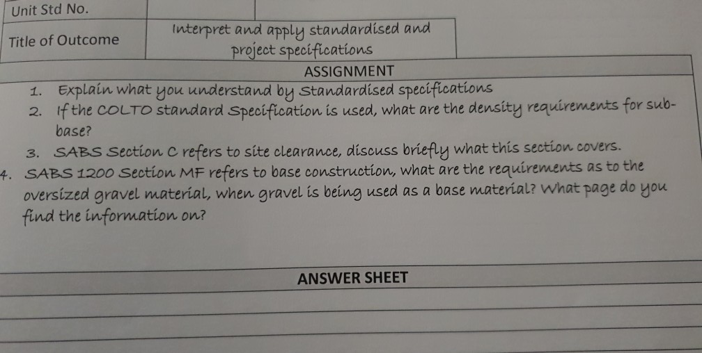 Solved Unit Std No. Interpret and apply standardised and | Chegg.com