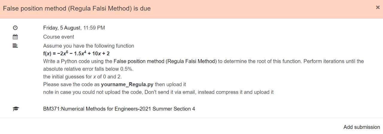 Solved False position method (Regula Falsi Method) is due | Chegg.com