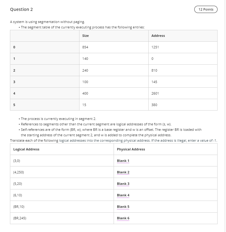 Solved Question 2 12 Points A system is using segmentation | Chegg.com