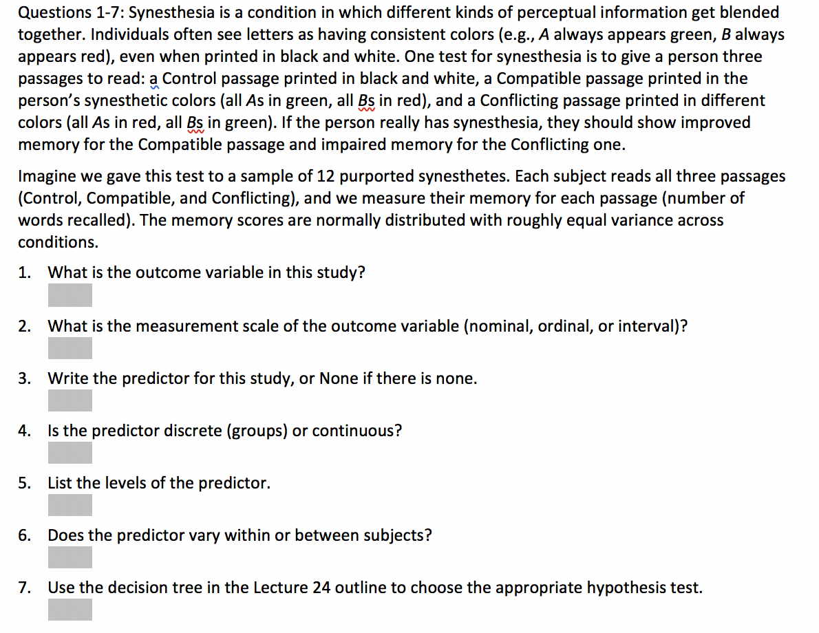 Solved Questions 1-7: Synesthesia is a condition in which | Chegg.com