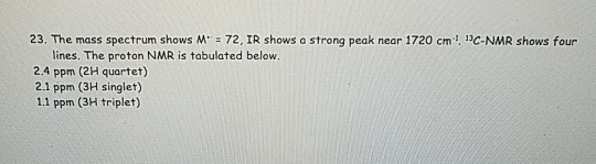 Solved 23. The mass spectrum shows M = 72, IR shows a strong | Chegg.com