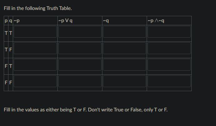 Solved Fill in the following Truth Table. pg ~р ~PV q - ~p | Chegg.com