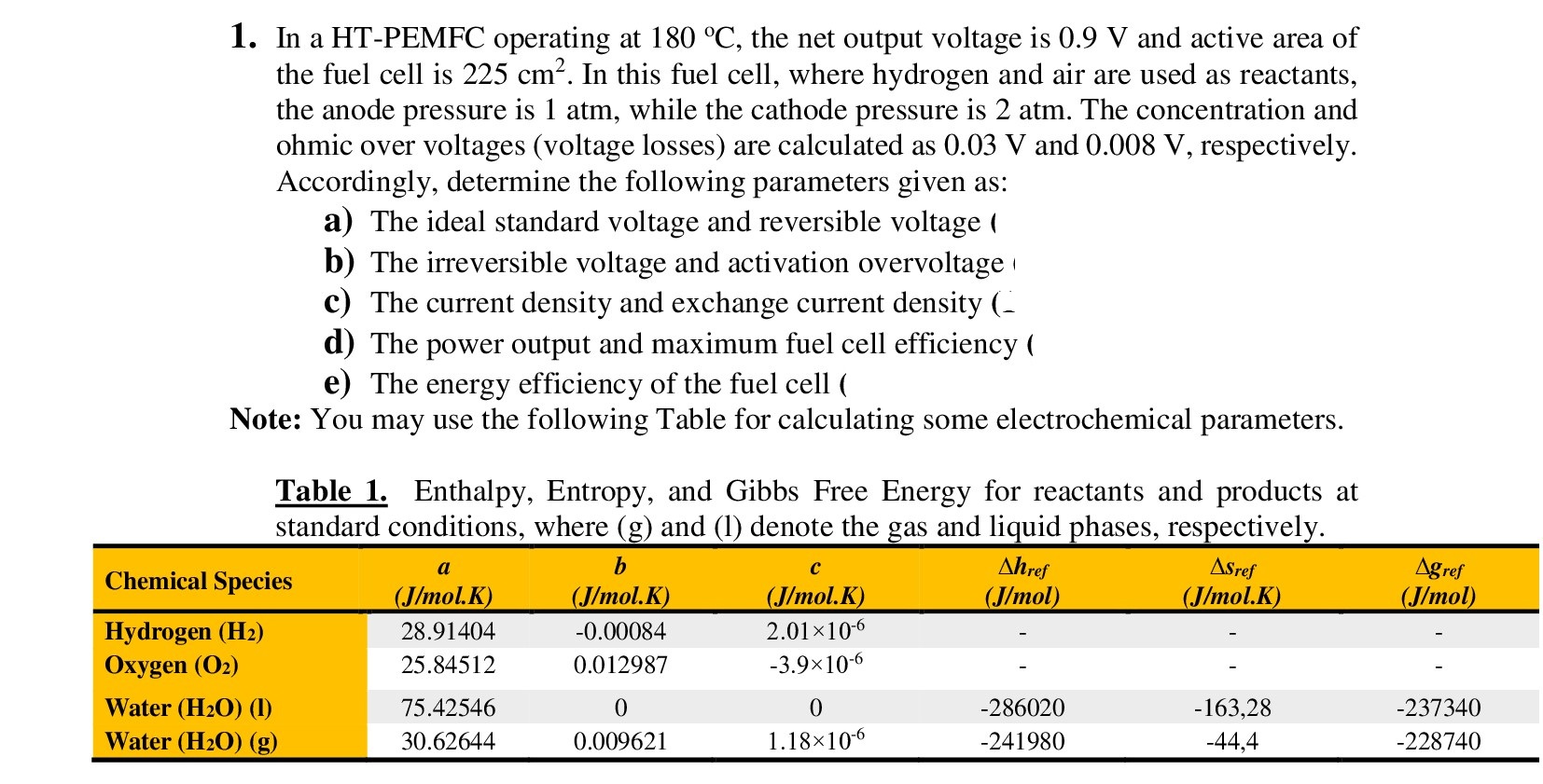 Solved 1. In a HT-PEMFC operating at 180∘C, the net output | Chegg.com