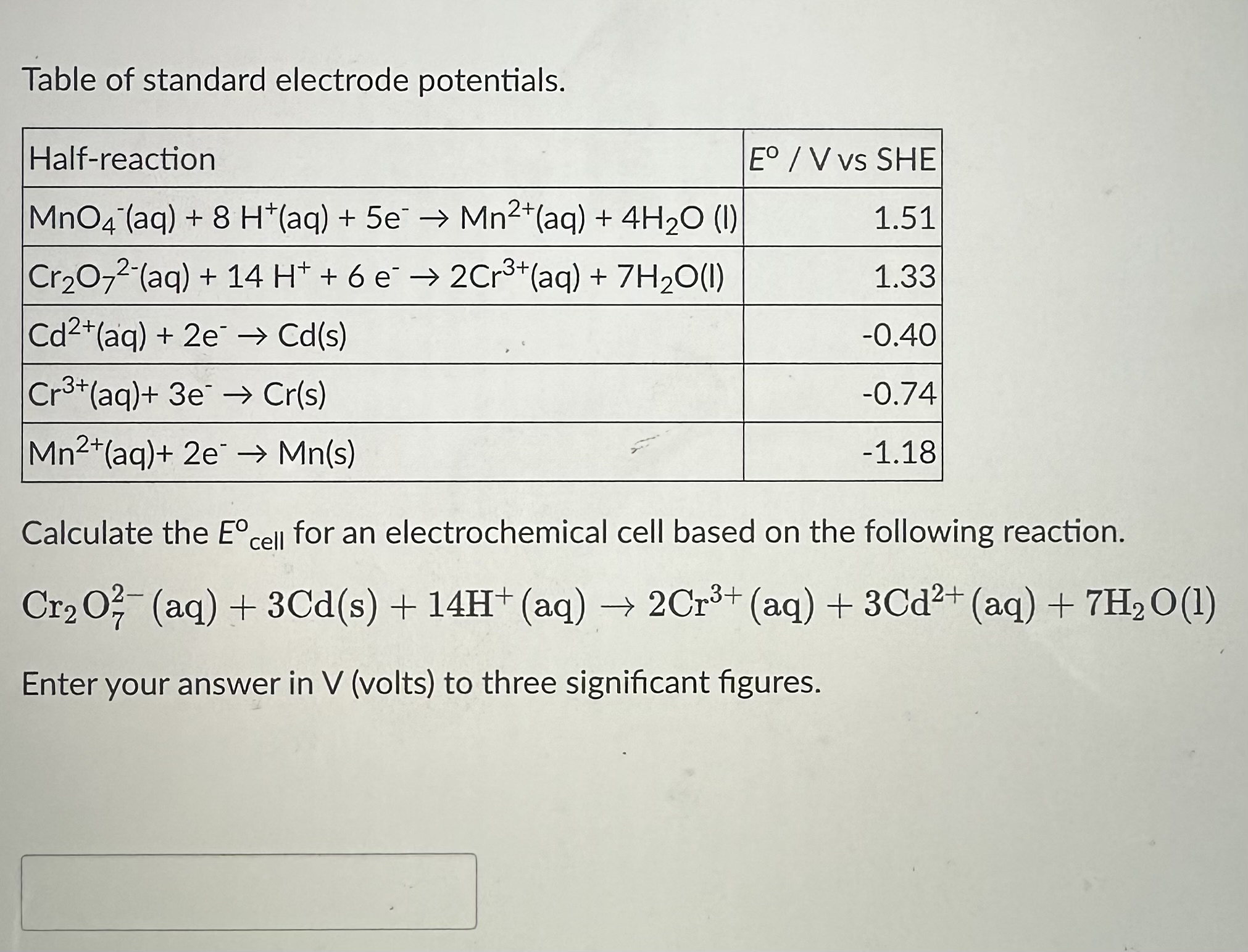 Solved Table Of Standard Electrode Potentials Calculate The