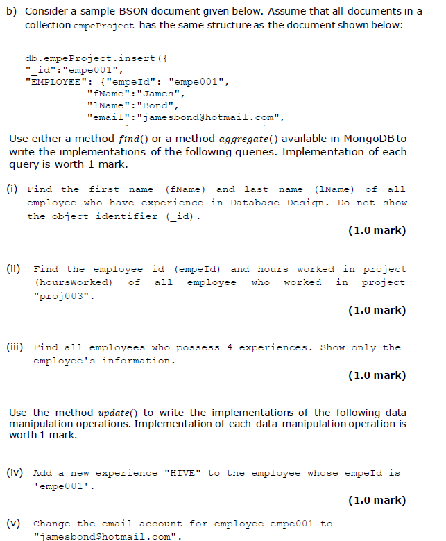 Solved Question 4 - (Total 10 marks) BSON document a) | Chegg.com
