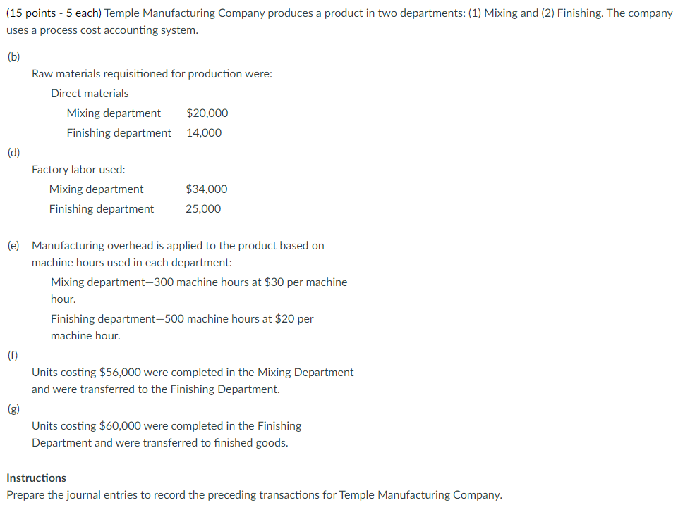 Solved (15 points - 5 each) Temple Manufacturing Company | Chegg.com