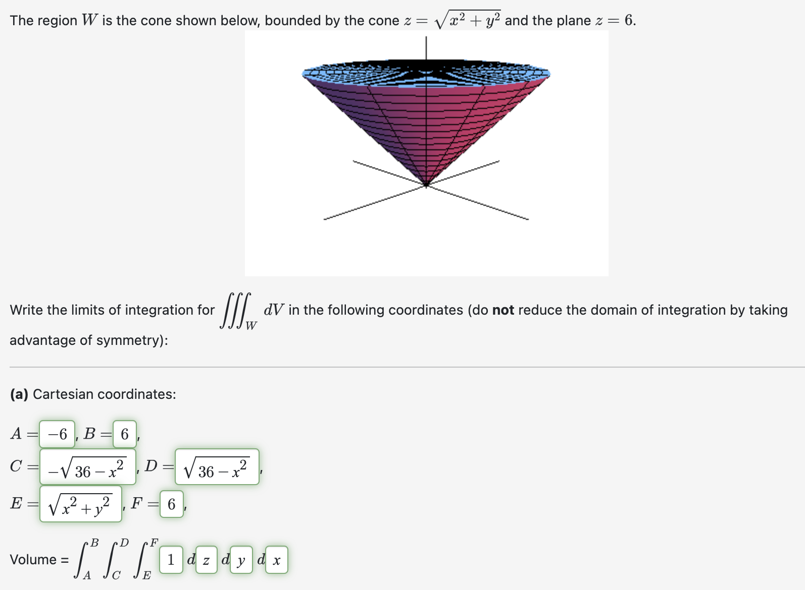 Solved The region W is the cone shown below, bounded by the | Chegg.com