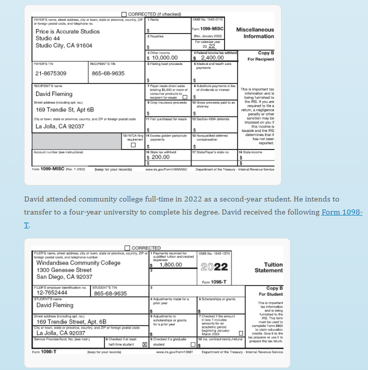 Required: Complete David’s federal tax return for | Chegg.com