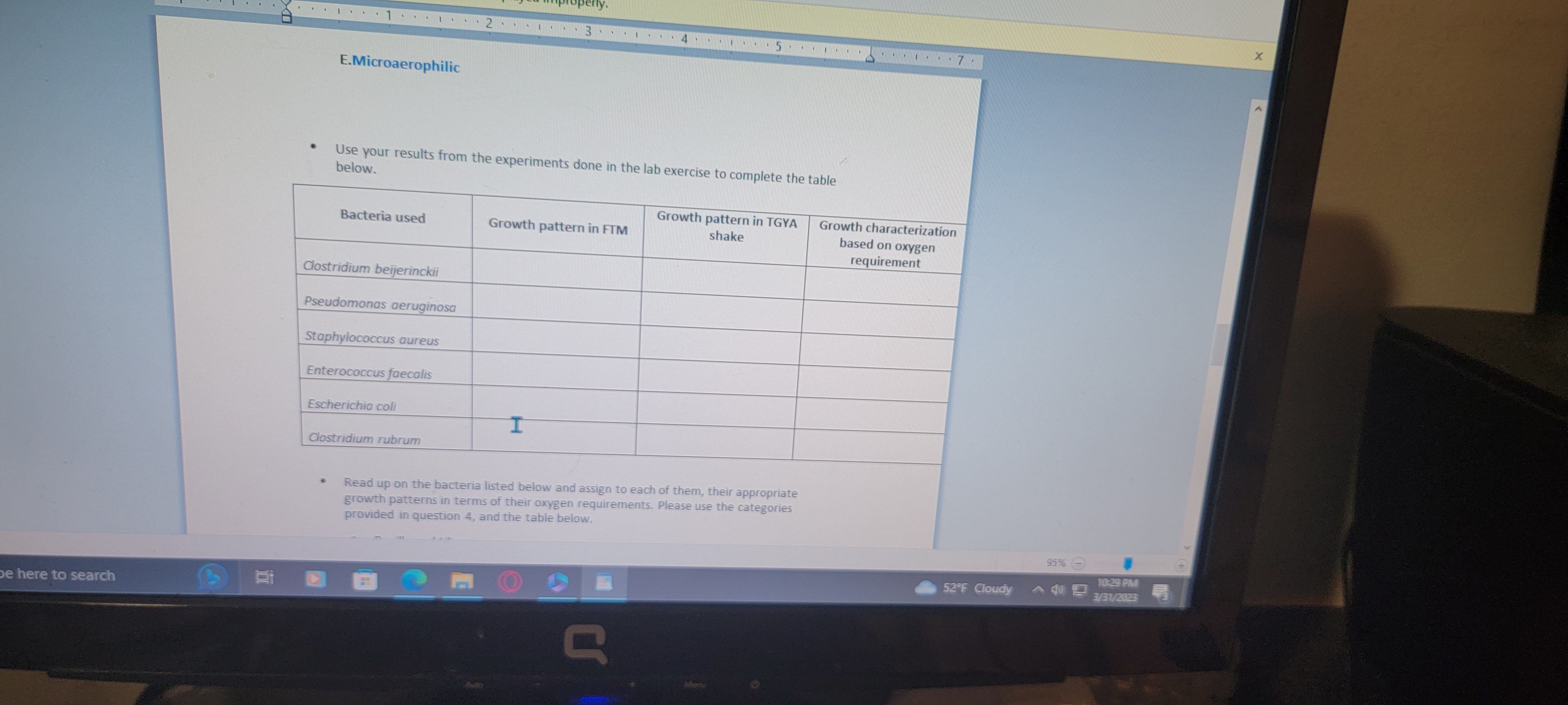 E.Microaerophilic Use your results from the | Chegg.com