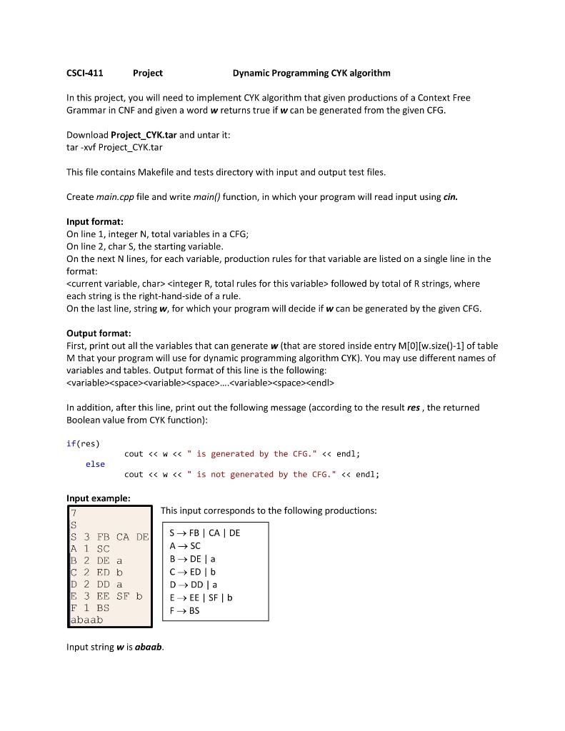 Solved CSCI-411 Project Dynamic Programming CYK algorithm In | Chegg.com