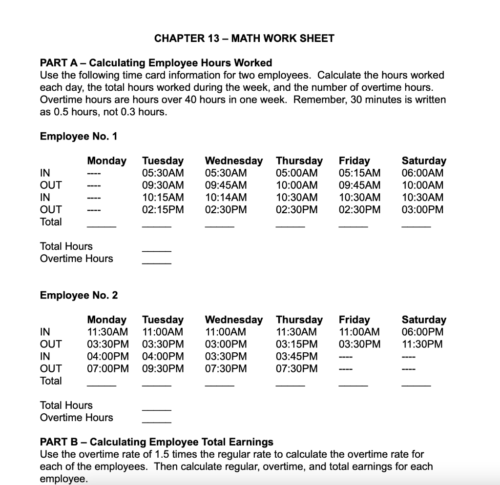 Solved CHAPTER 13 - MATH WORK SHEET PART A - Calculating | Chegg.com