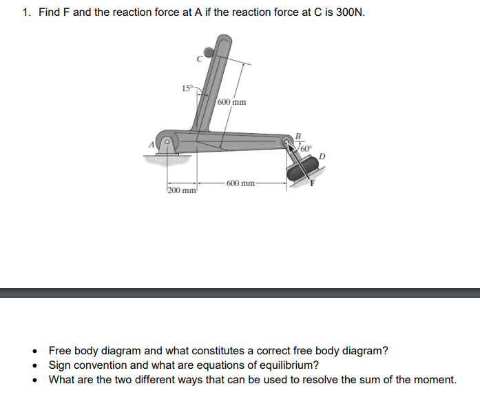 Solved 1. Find F and the reaction force at A if the reaction | Chegg.com