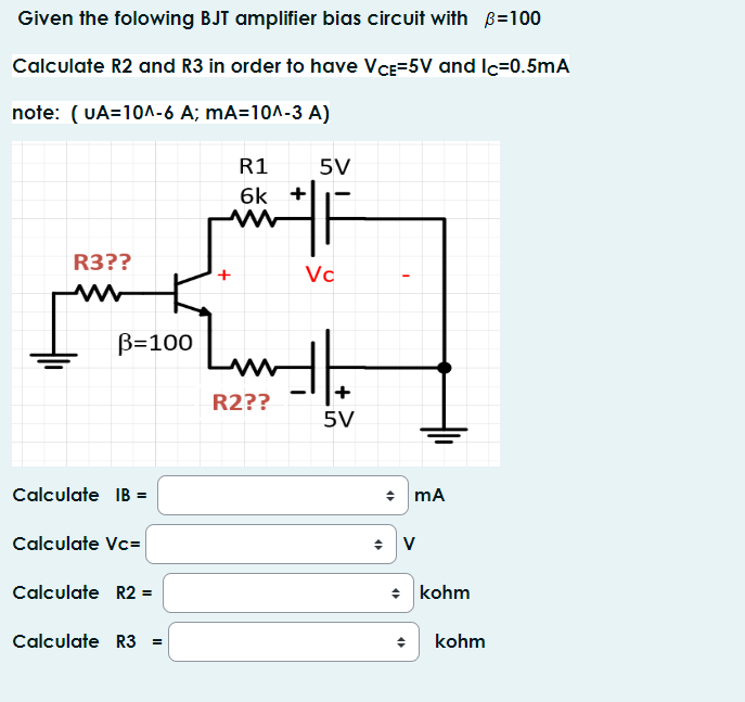 Solved Given the folowing BJT amplifier bias circuit with | Chegg.com